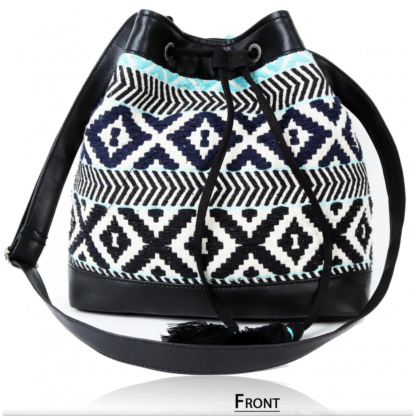 Women Black Aztec Jacquard Sling Bag With Drawstring Closure ...